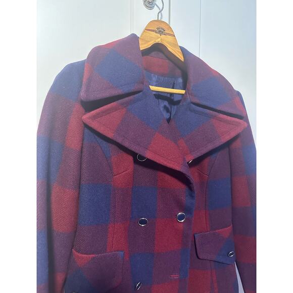 None | Jackets & Coats | 33 Vintage Plaid Pea Coat Blue And Red | Poshmark